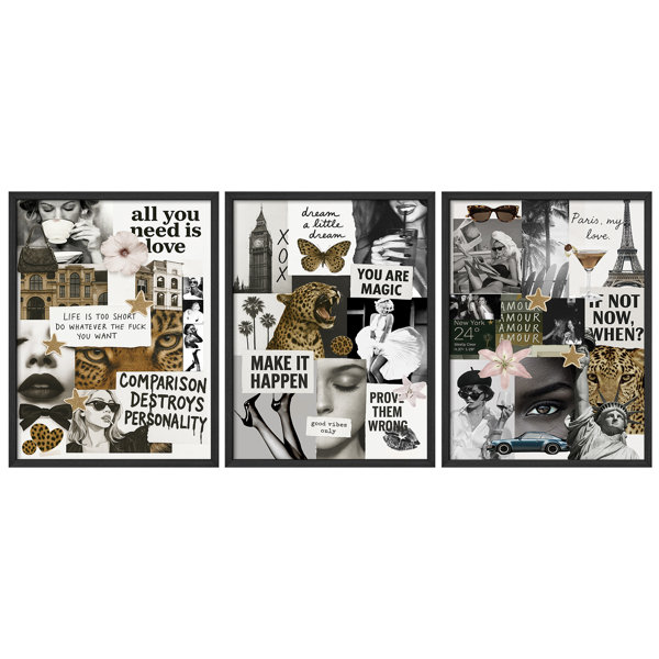 SIGNLEADER 3 Piece Framed Motivational Collage Wall Art Set - Feminine Prints for Office, Dorm ...